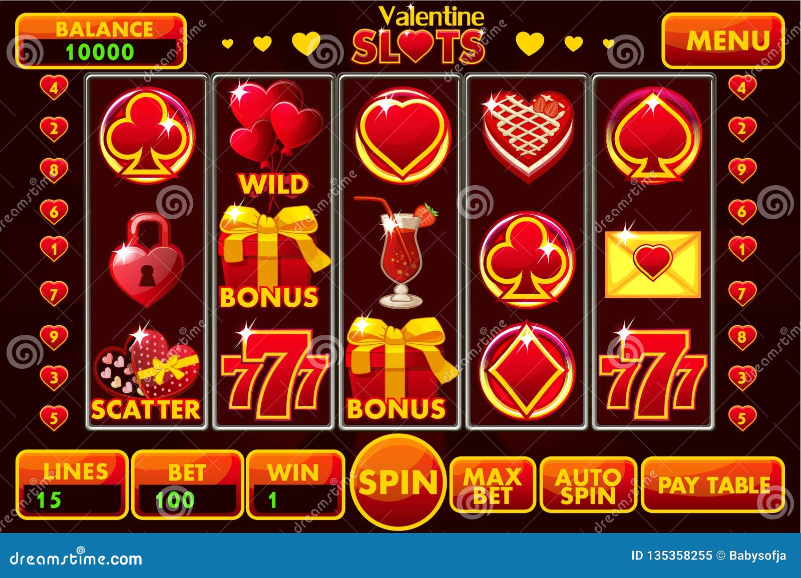Vector Interface Slot Machine Style St. Valentine in Red Colored ...