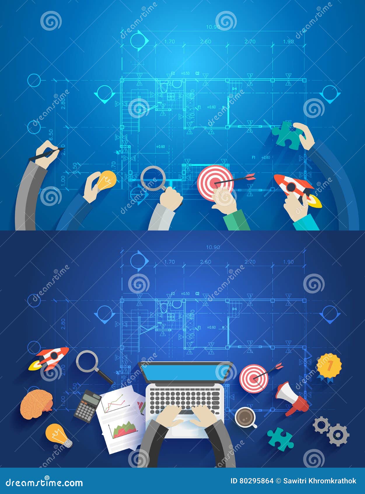 Vector Interior Designer Discussing Data Working on Laptop Computer ...