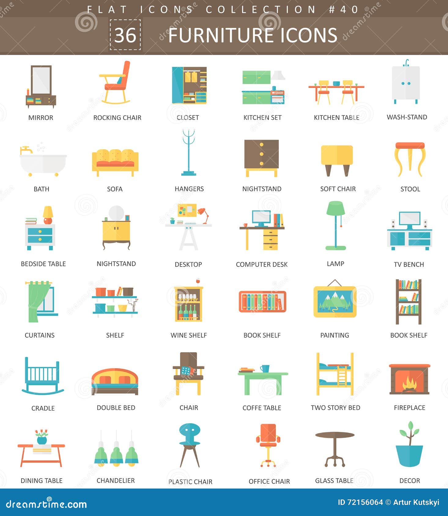 Vector Interior Furniture Color Flat Icon Set Elegant Style Design