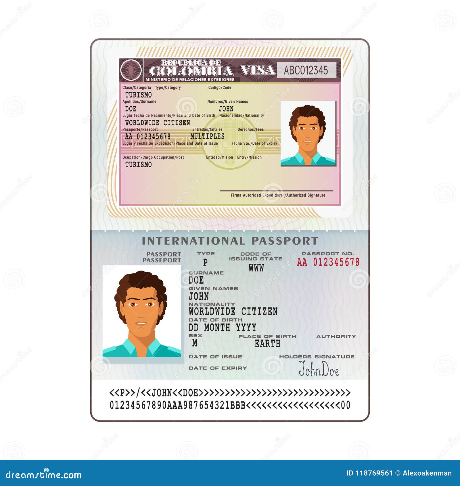 Vector International Open Passport with Colombia Visa Stock Vector ...