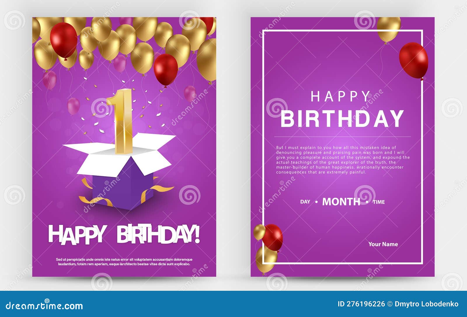 Vector Invitation Double Card for 1th Birthday Celebration. Template of ...