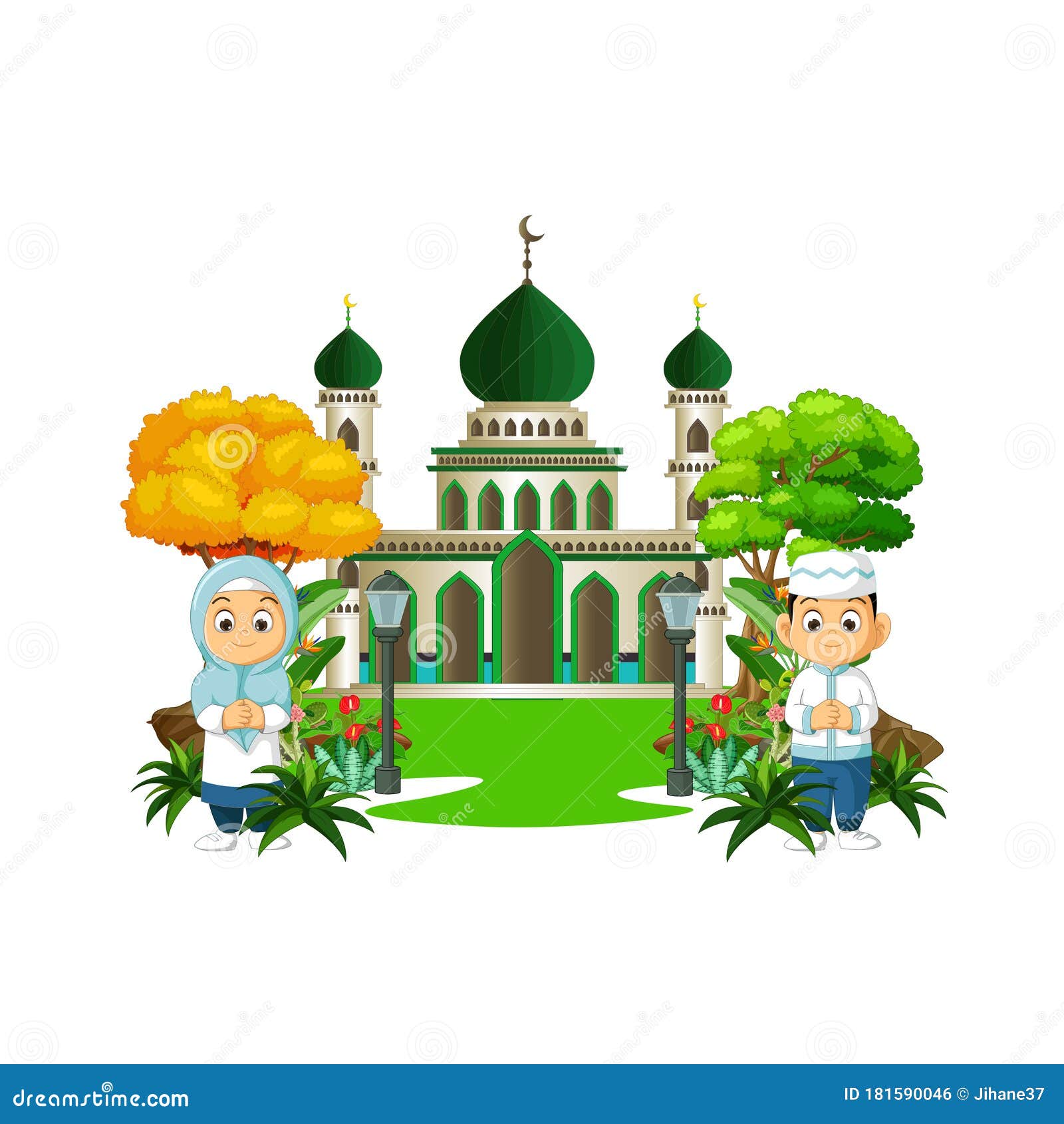 Islamic Mosque with Two Kids Cartoon Stock Vector - Illustration of ...