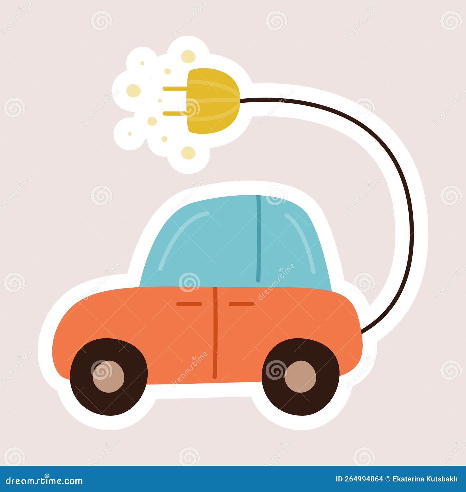 Vector Isolated Cartoon Sticker of Electric Car with Power Cable. Stock ...