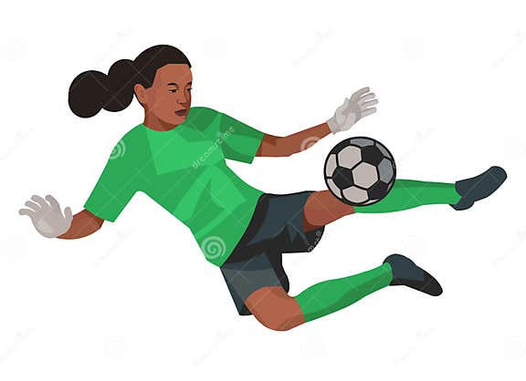 Dark Skinned Teenage Girl Womenand X27s Football Goalkeeper Jumps To Avoid Missing The Ball Stock
