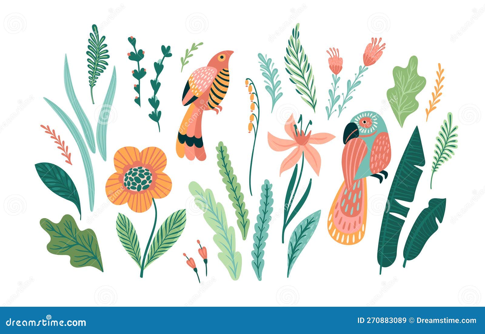 Vector Isolated Illustrations of Birds and Tropical Plants. Exotic ...