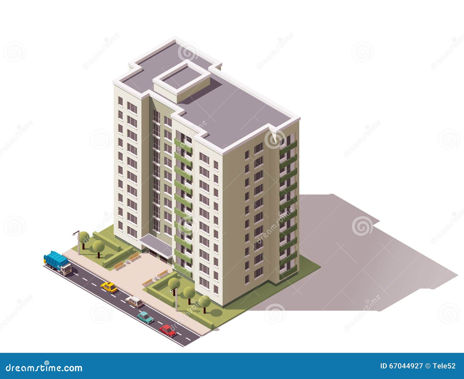 Isometric Building Vector. Three Building On Yard With Road And Trees ...