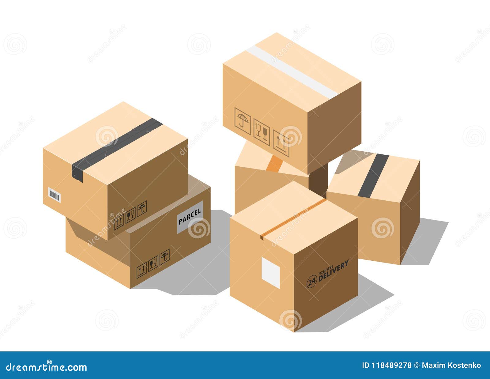 Vector Isometric Cardboard Parcel Boxes Isolated on White Background ...