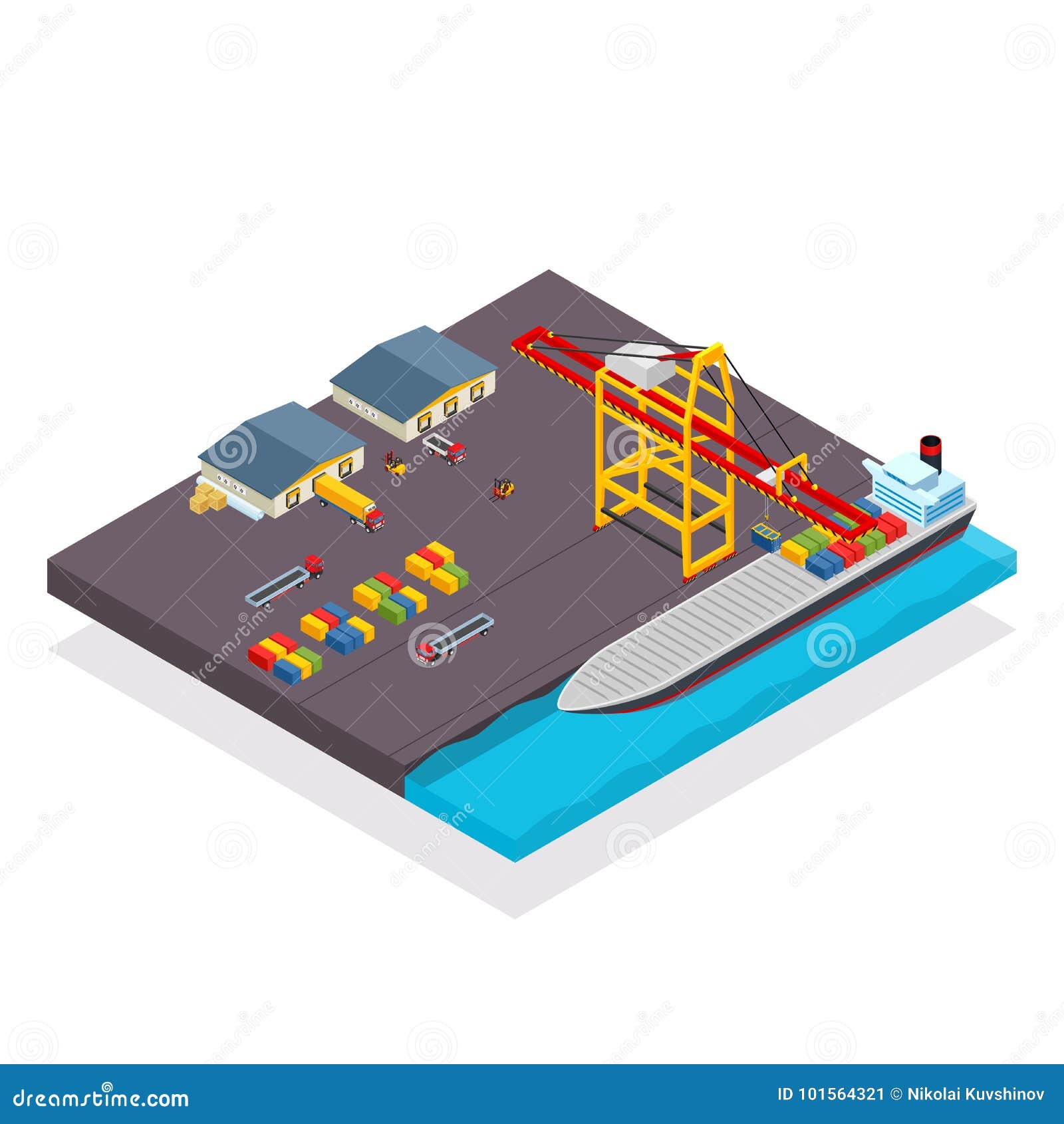 Vector Isometric Cargo Container Ship and Crane Concept with Loading ...