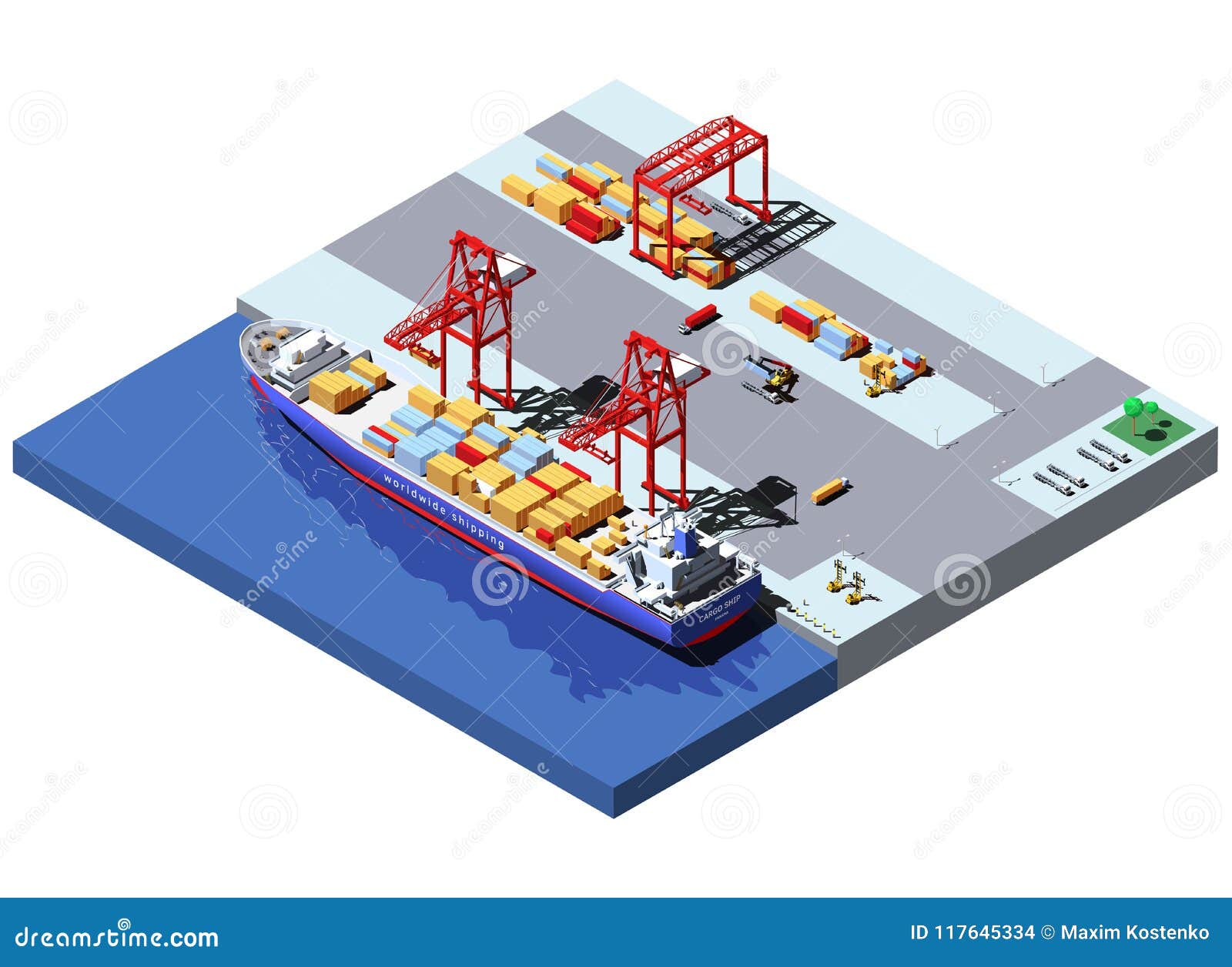 Vector Isometric Cargo Port with Two Cranes Unloading Containers from ...