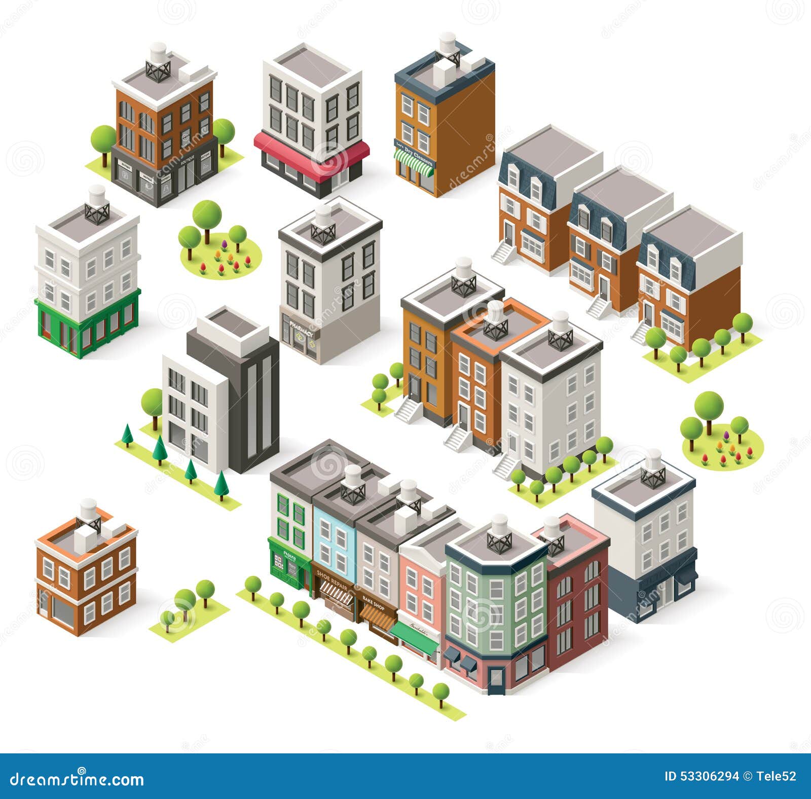 Vector Isometric City Buildings Set Stock Vector - Illustration of ...