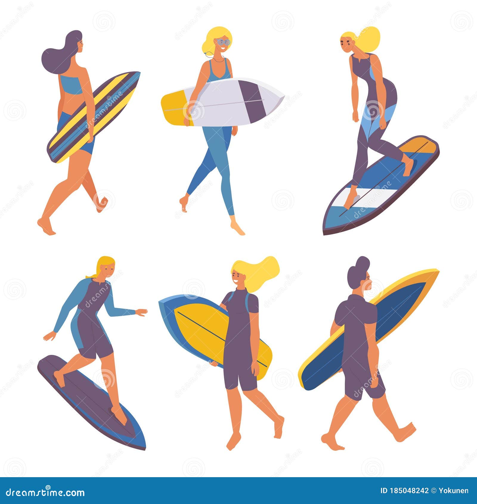Surfer Men Characters In Black Wetsuits Standing With Surfboards On A ...