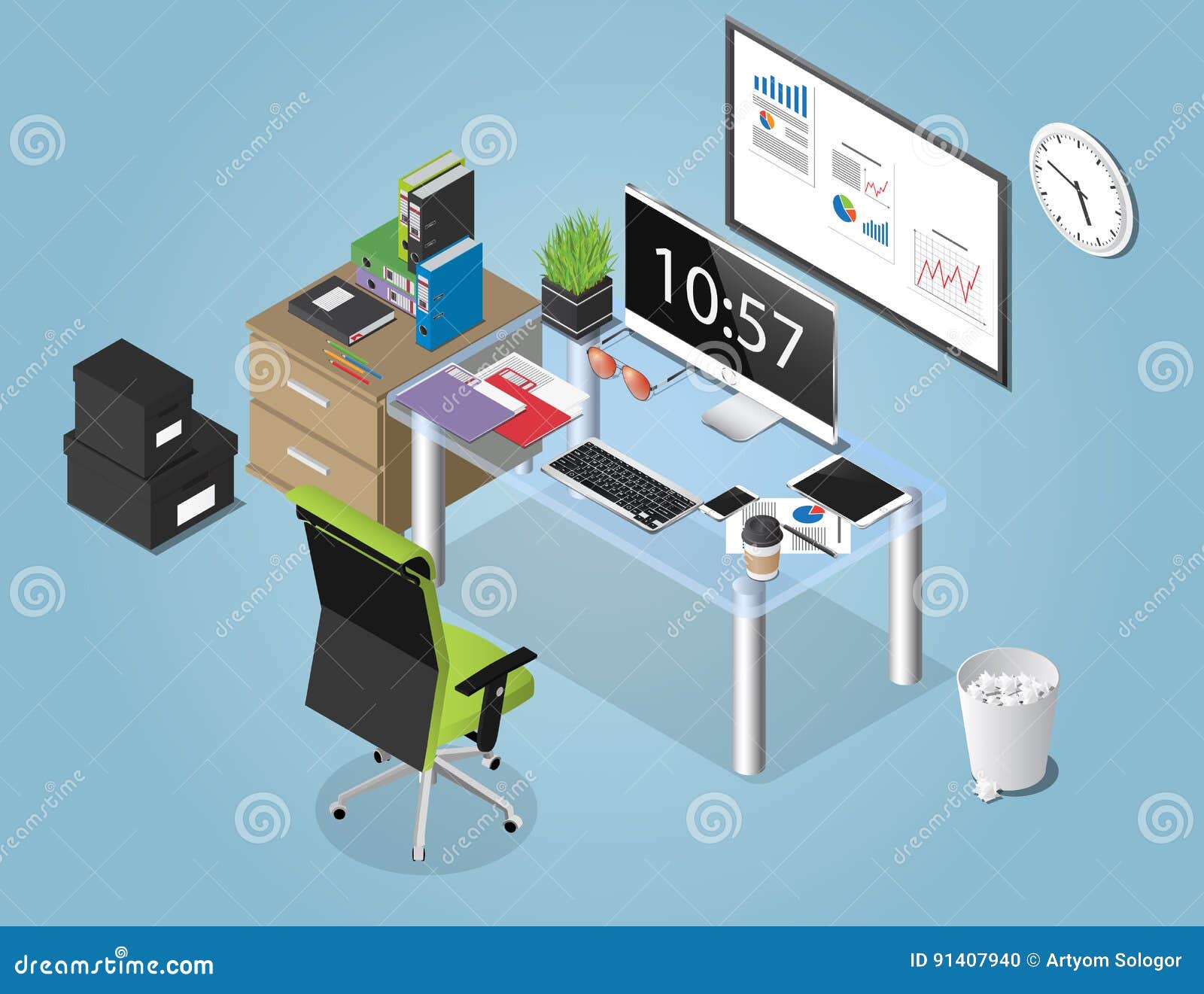 Vector Isometric Concept Illustration of Office Working Space Stock ...