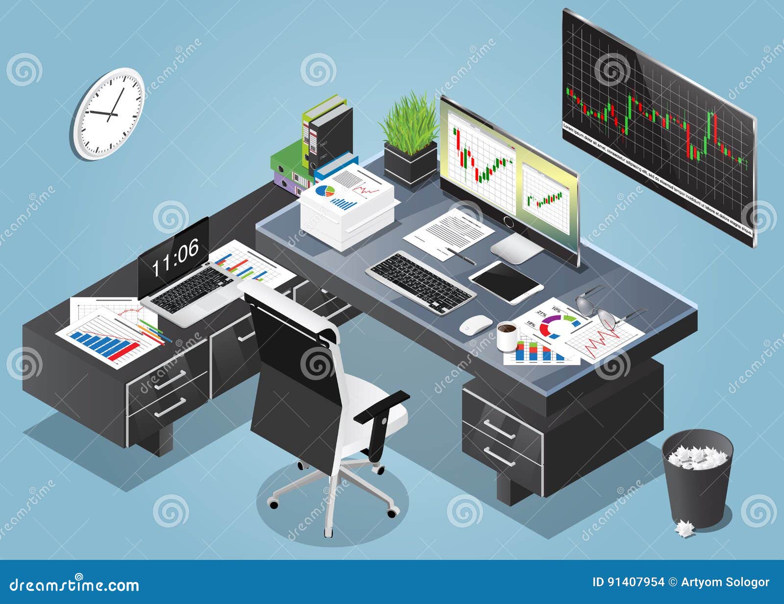 Vector Isometric Concept Illustration of Office Working Space Stock ...