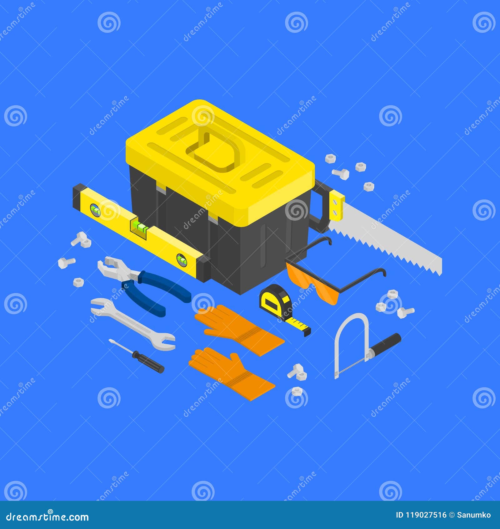 Vector Isometric Construction Tools Around Toolcase Concept. House ...