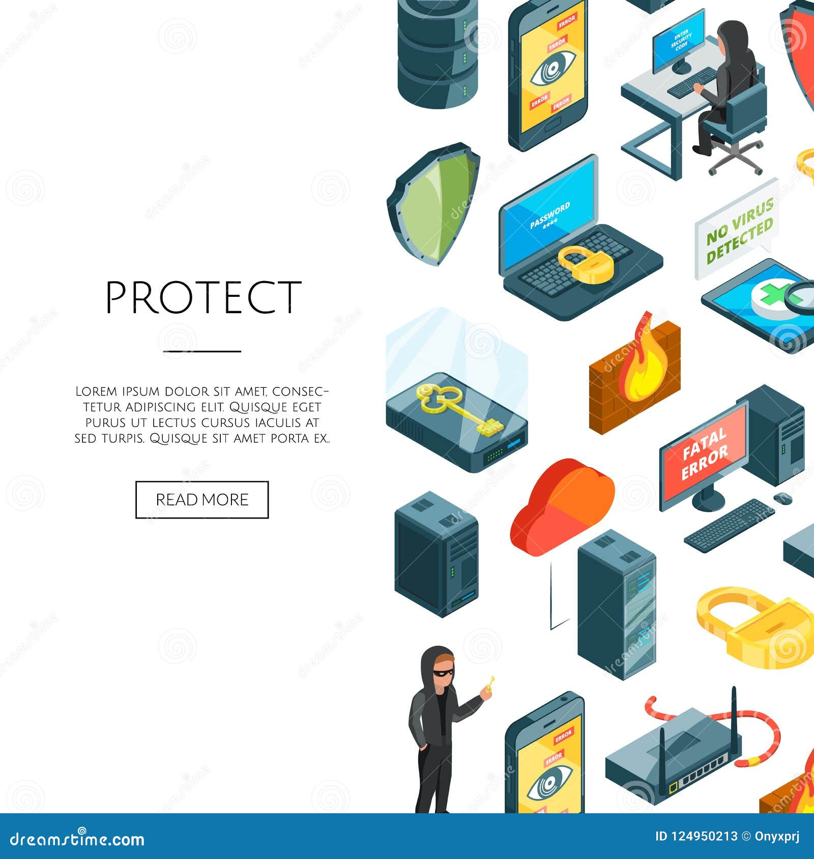 Vector Isometric Data and Computer Safety Icons Background with Place ...