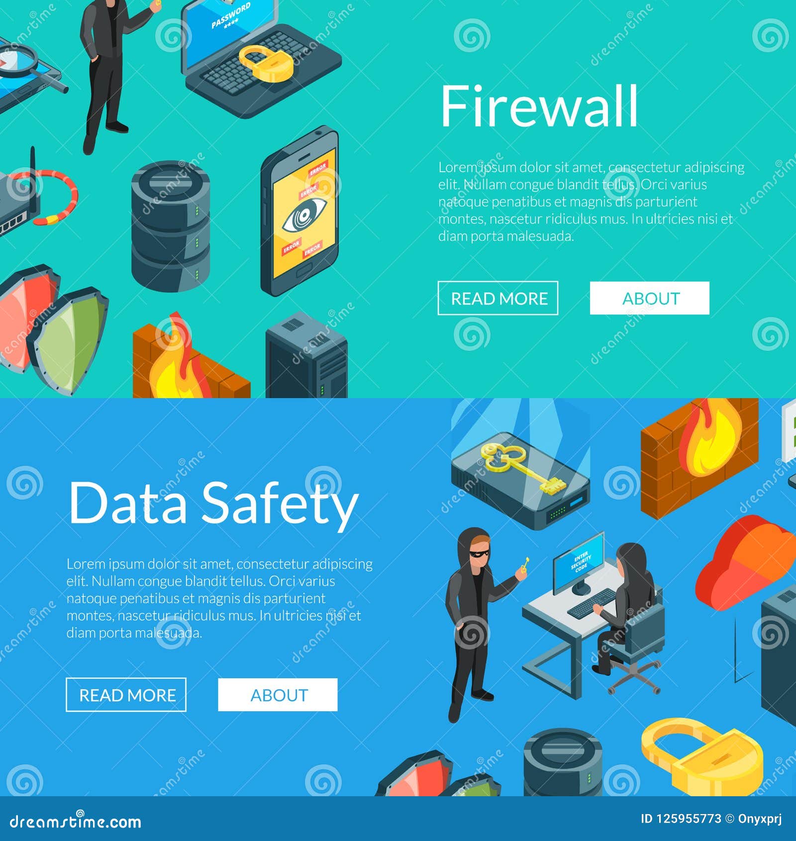 Vector Isometric Data and Computer Safety Icons Web Banner Templates ...