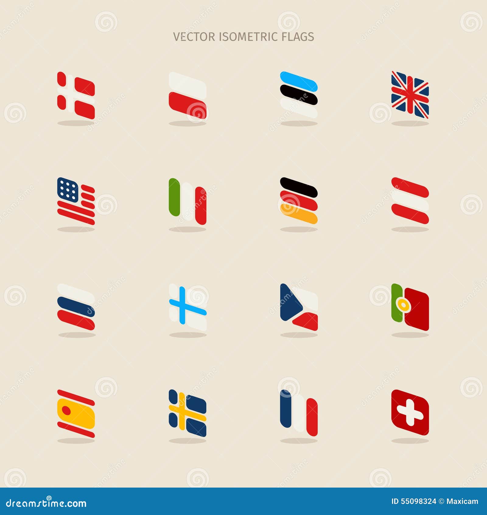 Vector Isometric Flags with Rounded Corners in Simple Style Stock ...