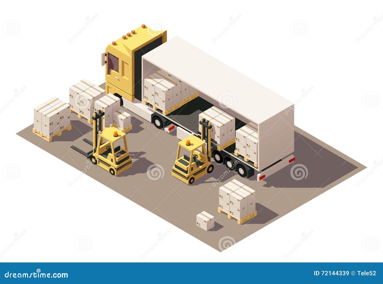 Vector Isometric Forklift Loading Box Semi-trailer Truck with Crates on ...