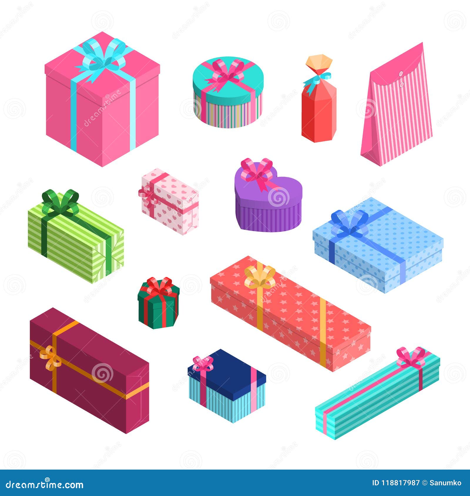 Vector Isometric Gift Boxes Set with Ribbons and Bows in Wrapping Paper ...