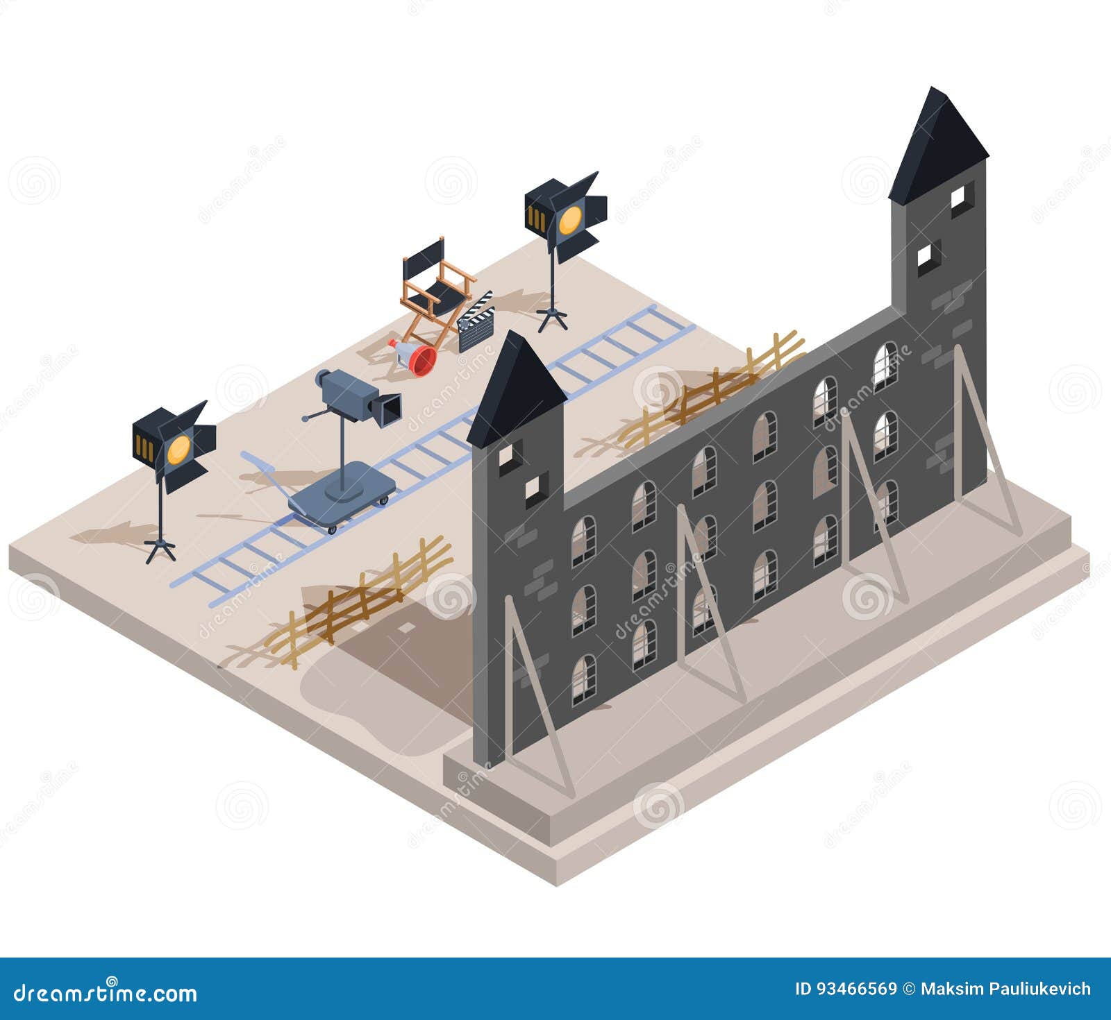 Vector Isometric Illustration of a Film Set with a Set of Filmmaking ...