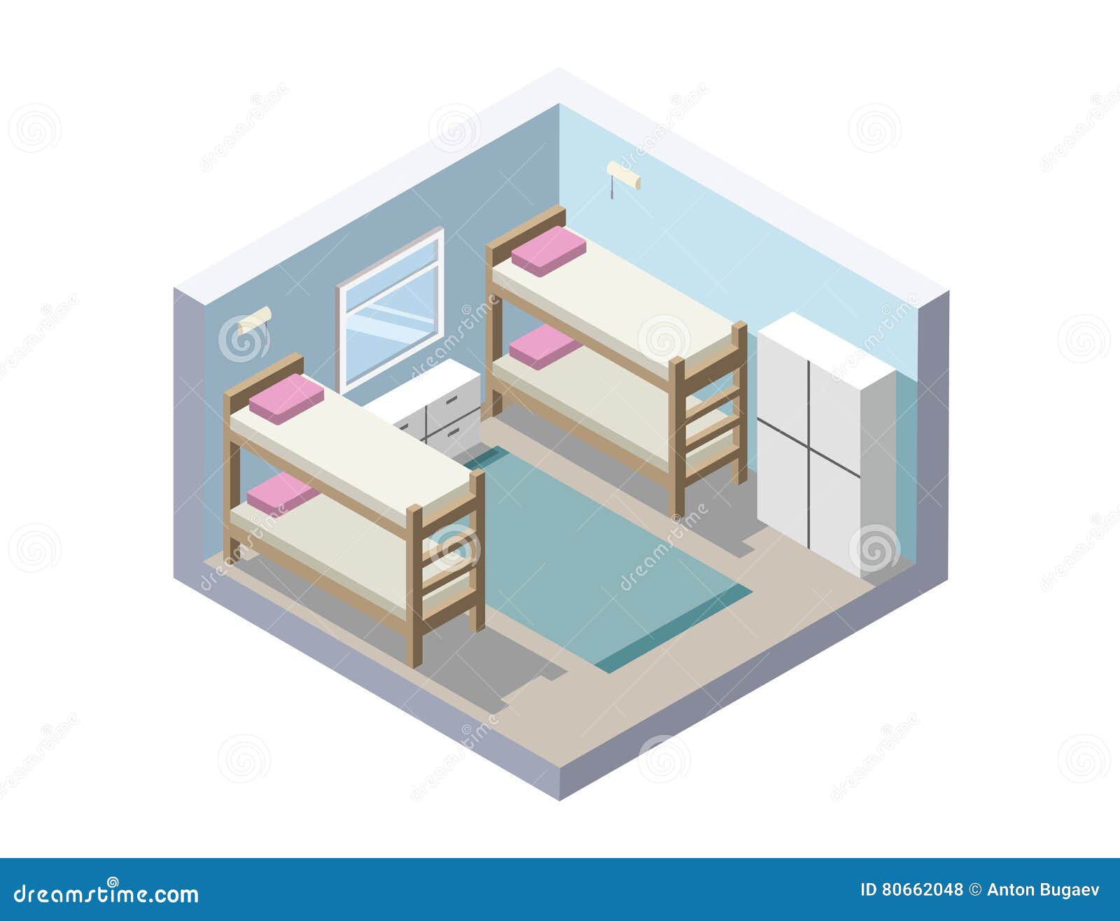 Vector Isometric Illustration of Hostel Room. Cheap Hotel Icon Stock ...