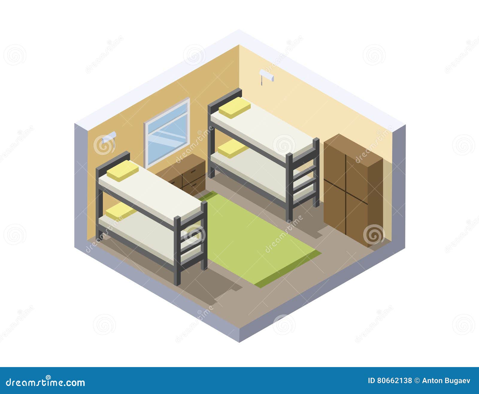 Vector Isometric Illustration of Hostel Room. Cheap Hotel Icon Stock ...
