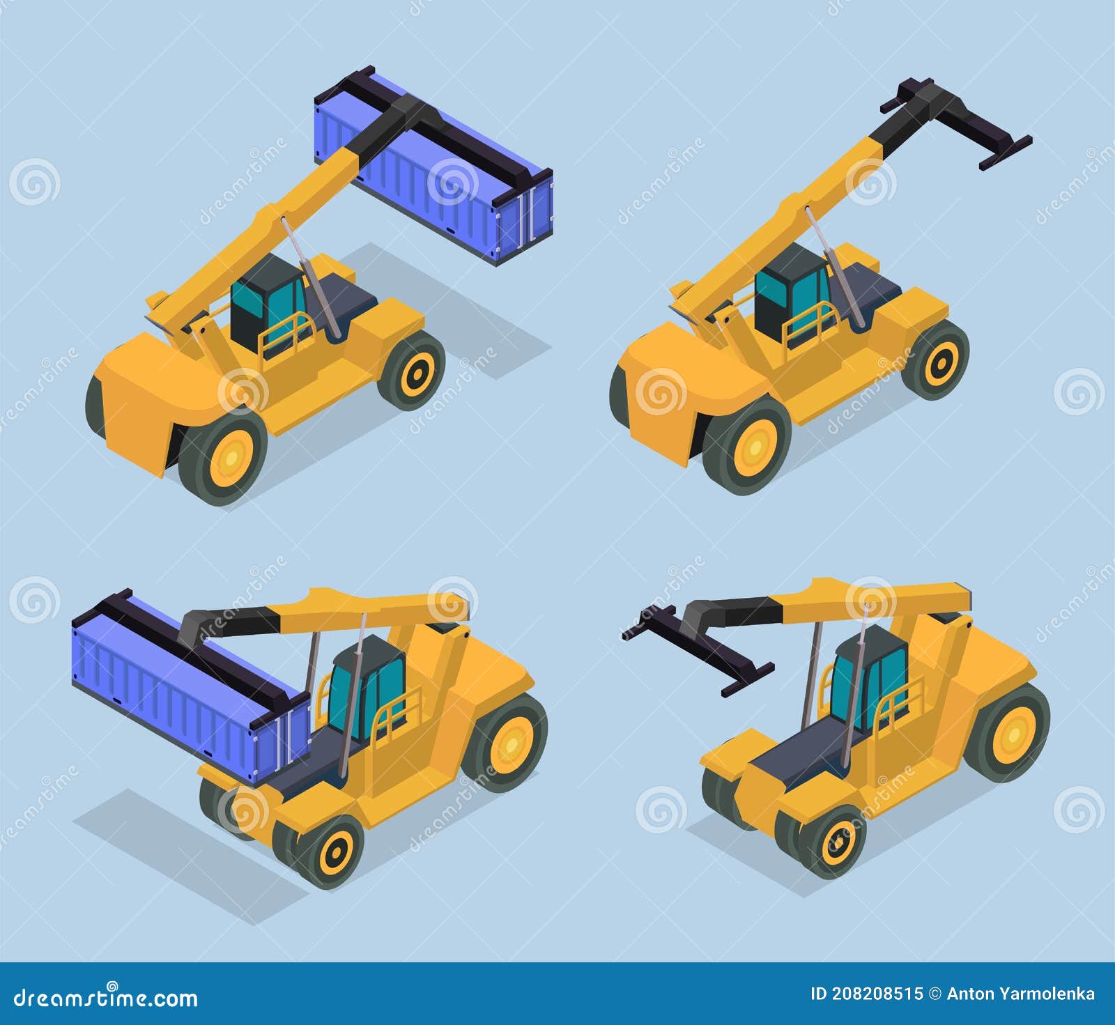 Vector Isometric Illustration of Reach Stacker. Front and Back Sides of ...
