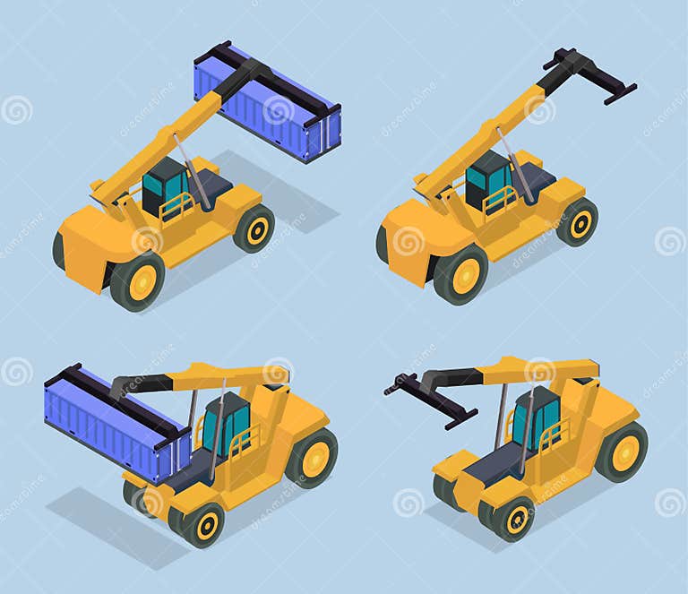 Vector Isometric Illustration of Reach Stacker. Front and Back Sides of ...