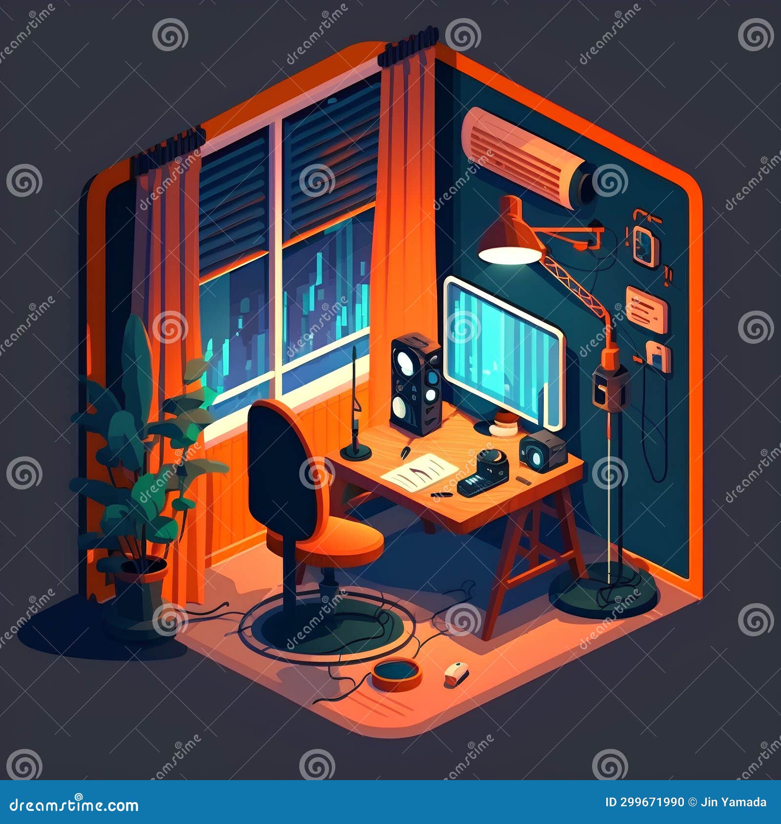 Vector Isometric Illustration of a Room with a Computer, a Desk, a ...