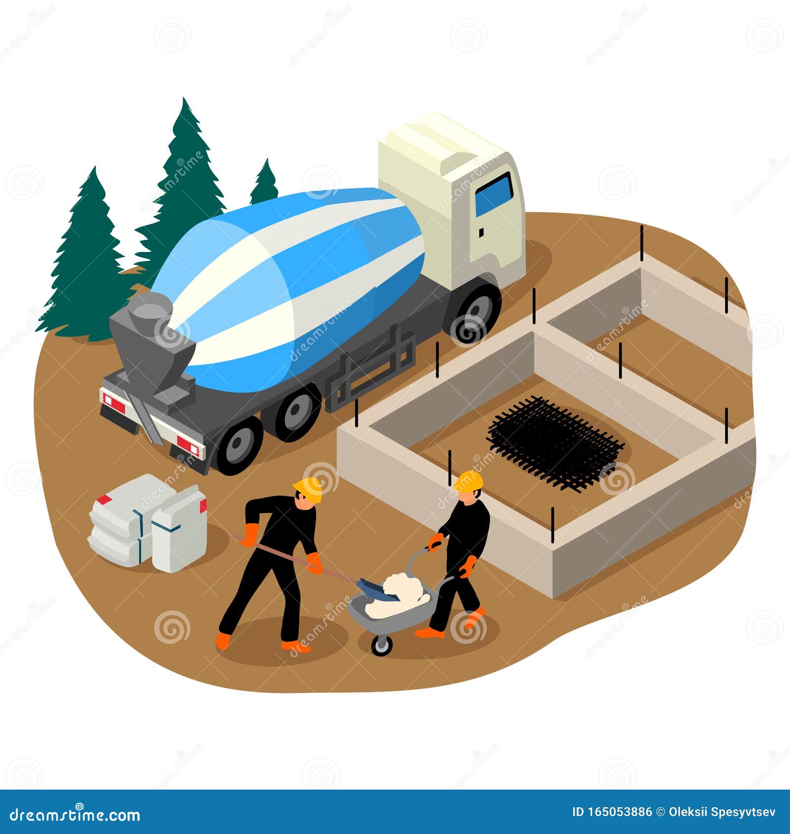 Vector Isometric Illustration of Workers Building Foundation Pad of a ...