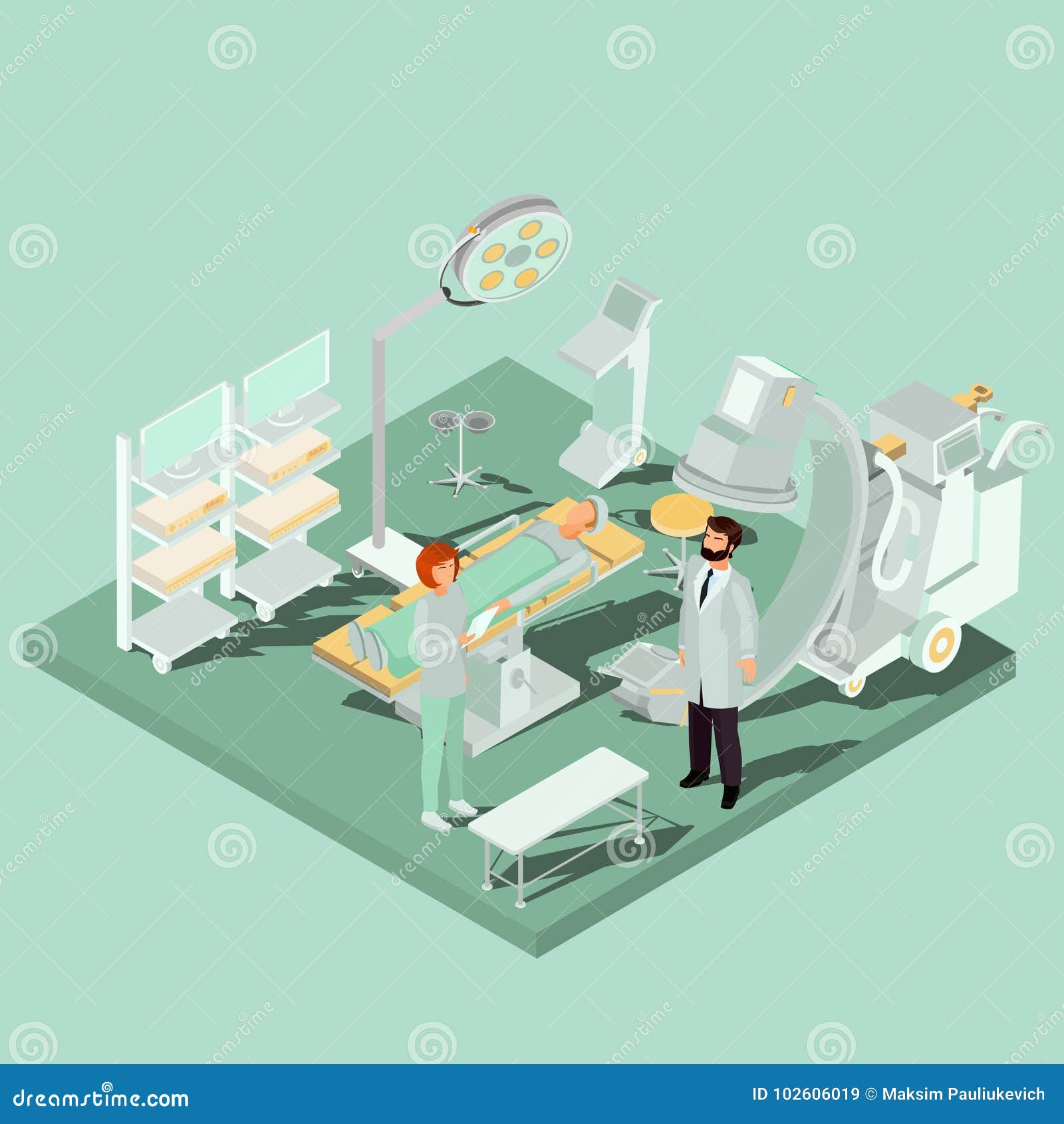 Vector Isometric Interior of Operating Room with Operating Table ...