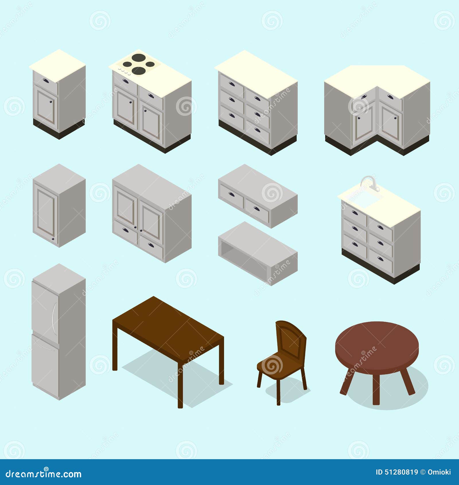Vector Isometric Kitchen Furniture Set Stock Vector - Illustration of ...