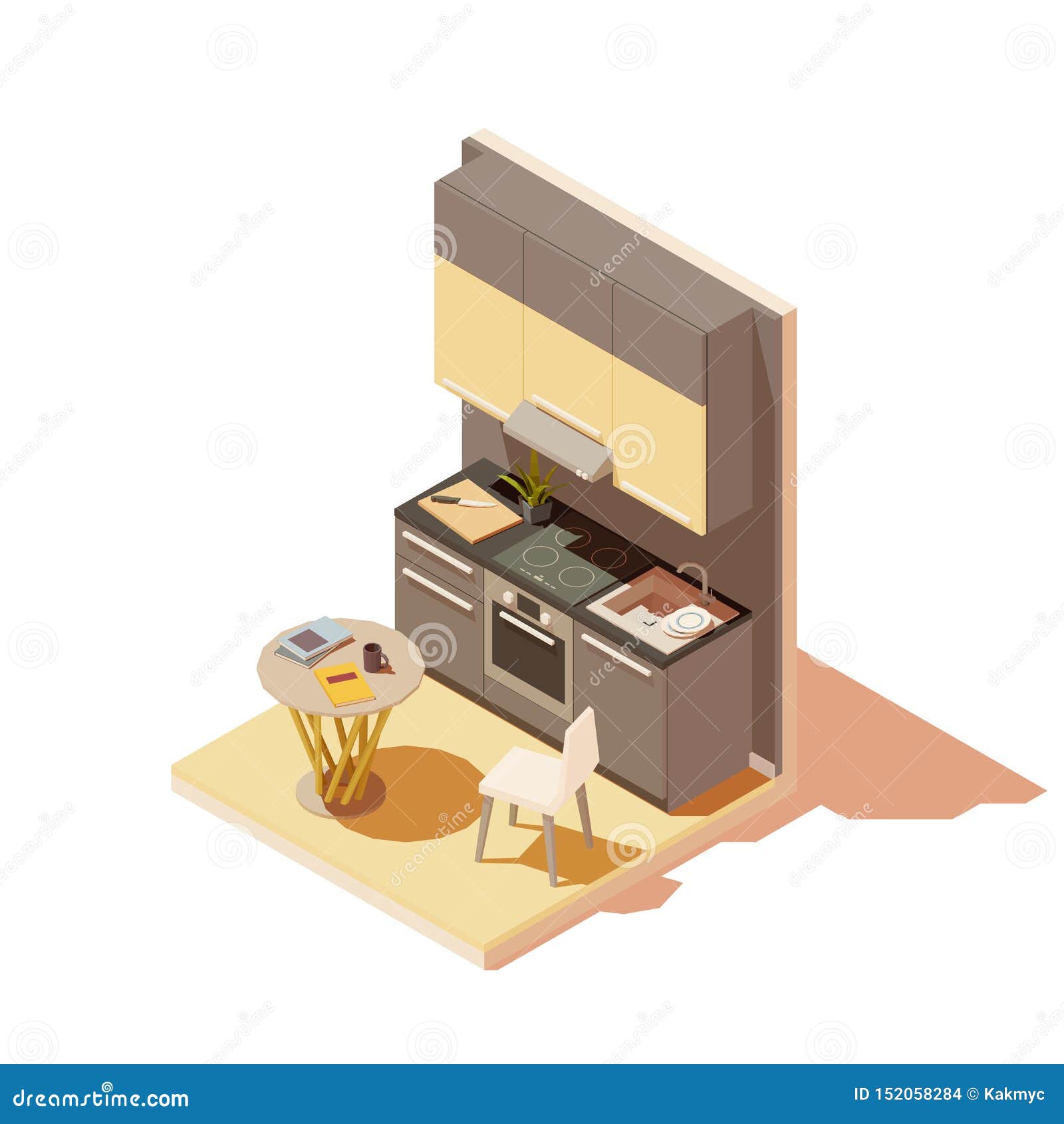 Vector Isometric Kitchen Interior Cross-section with Island Stock ...