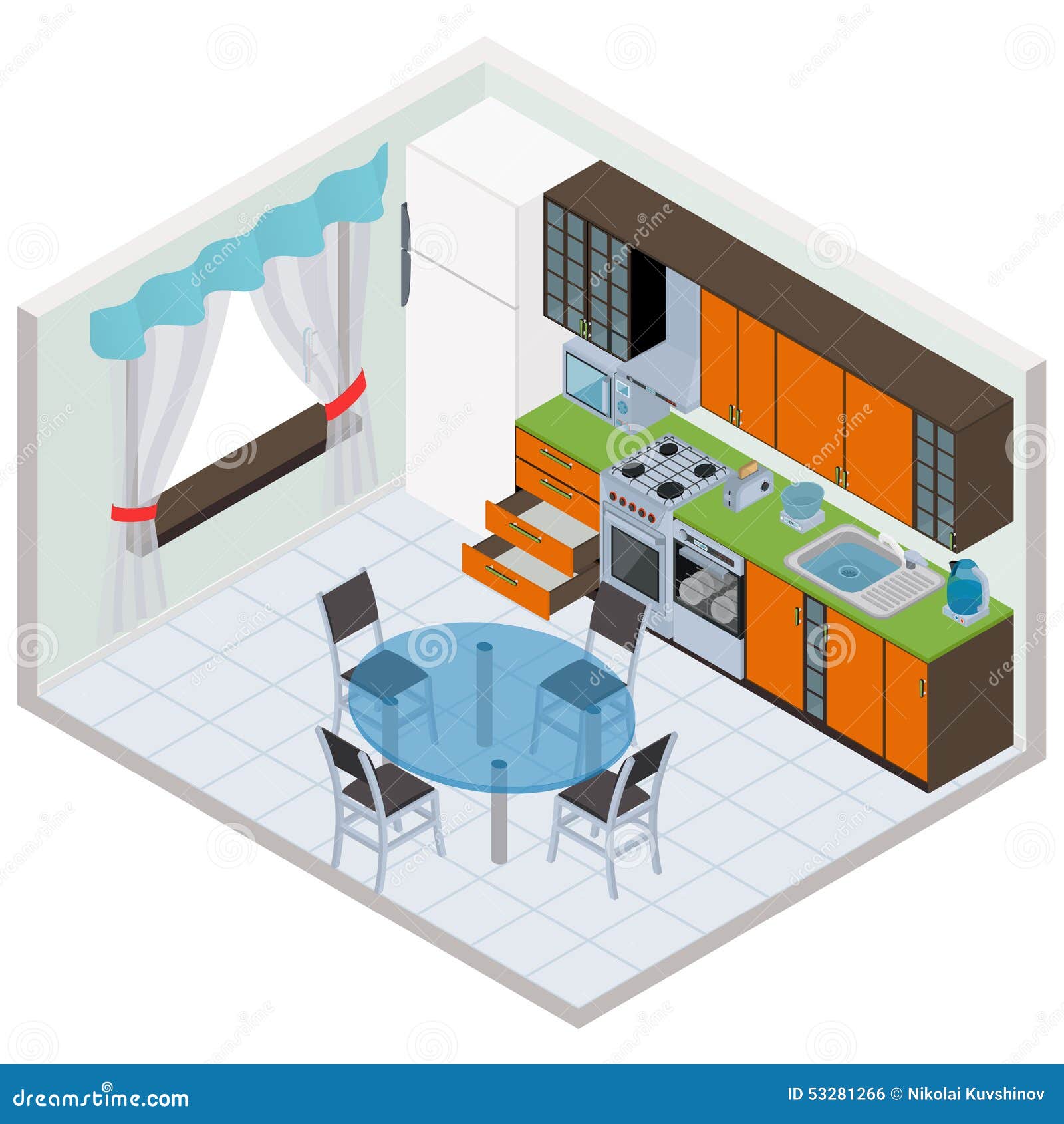 Vector Isometric Kitchen Interior Stock Vector - Illustration of inside ...