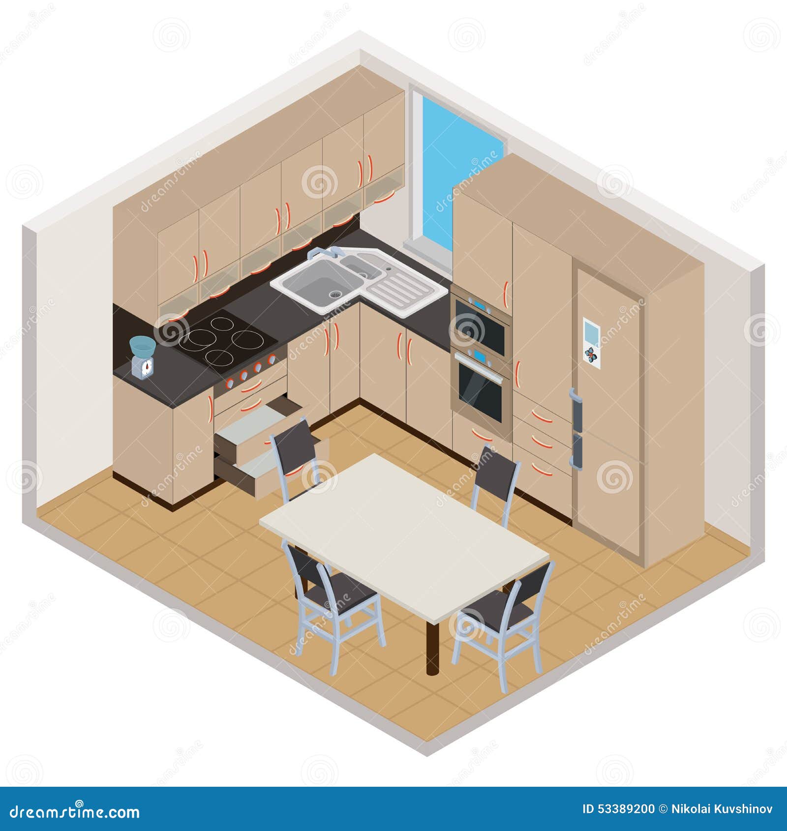 Vector Isometric Kitchen Interior Stock Vector - Illustration of ...