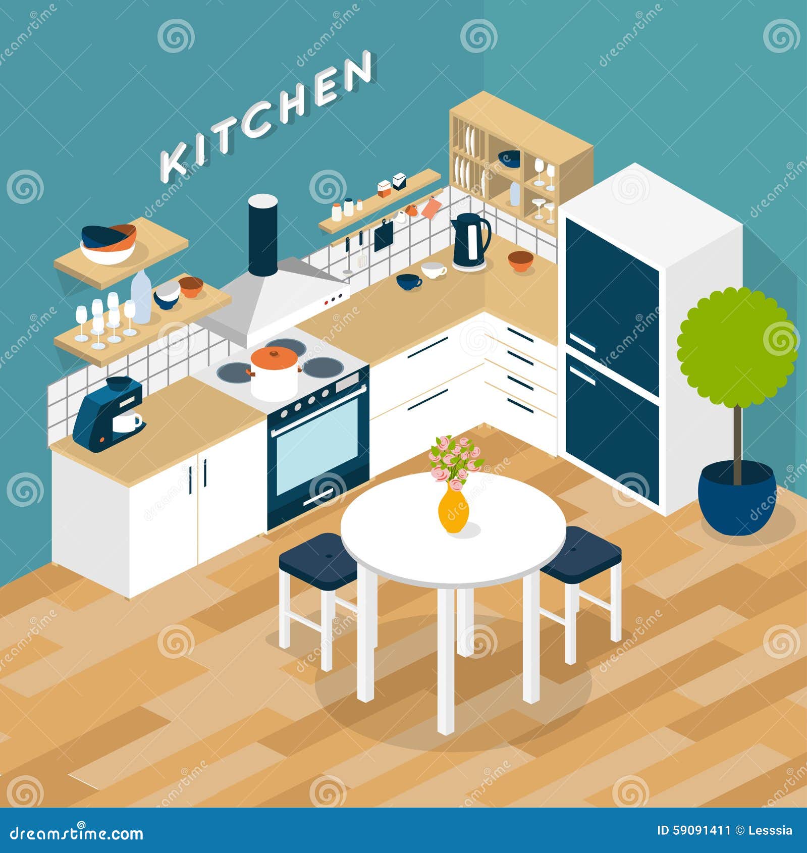 Vector Isometric Kitchen Interior Stock Vector - Illustration of ...