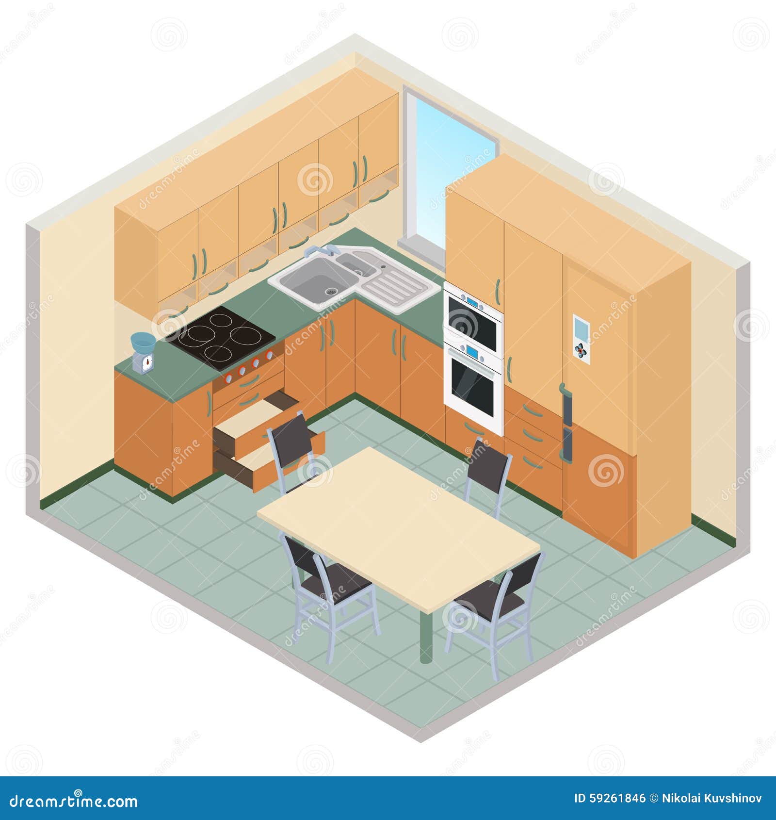 Vector Isometric Kitchen Interior - 3D Illustration Stock Vector ...