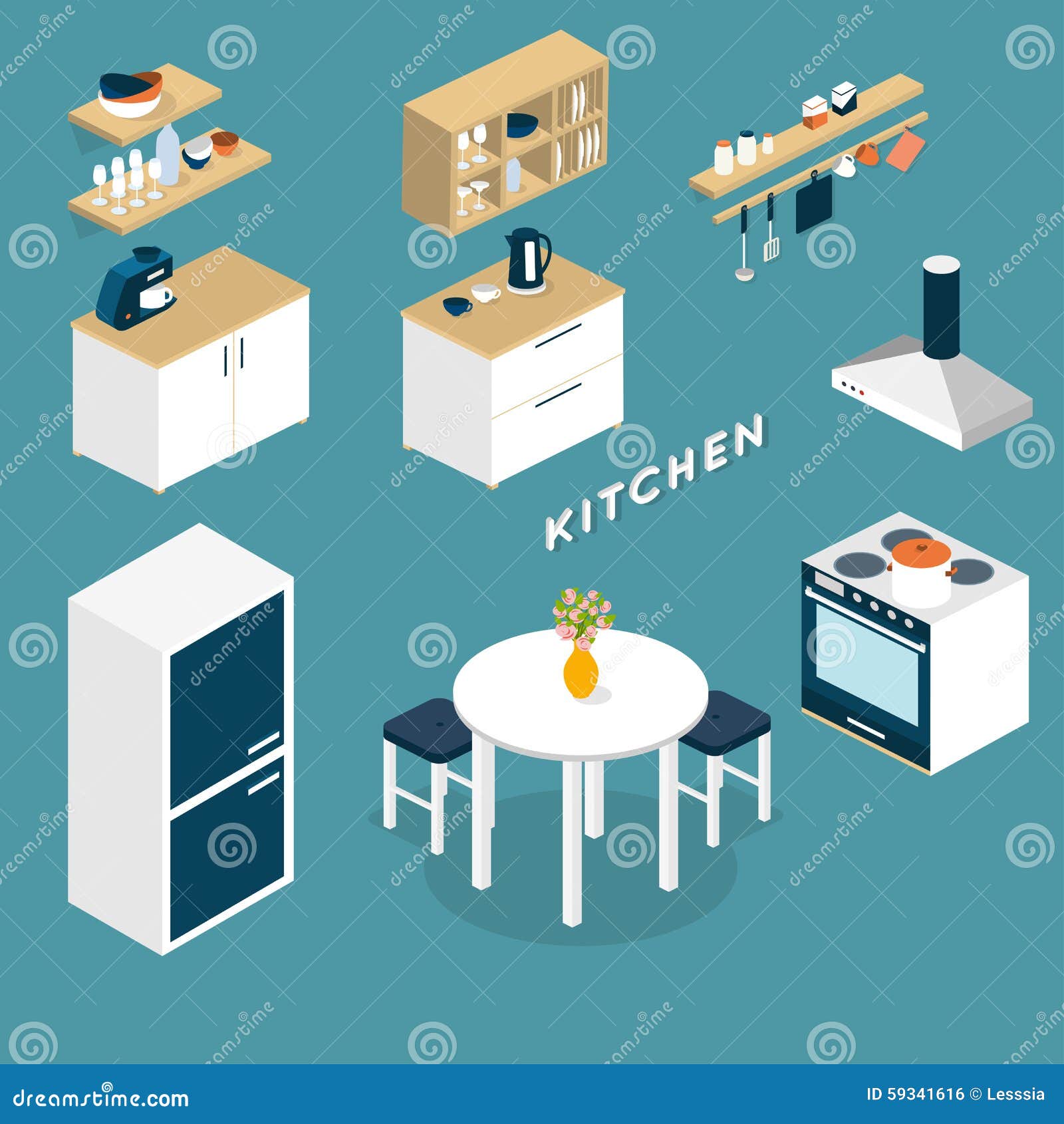 Vector Isometric Kitchen Interior Objects Stock Vector - Illustration ...