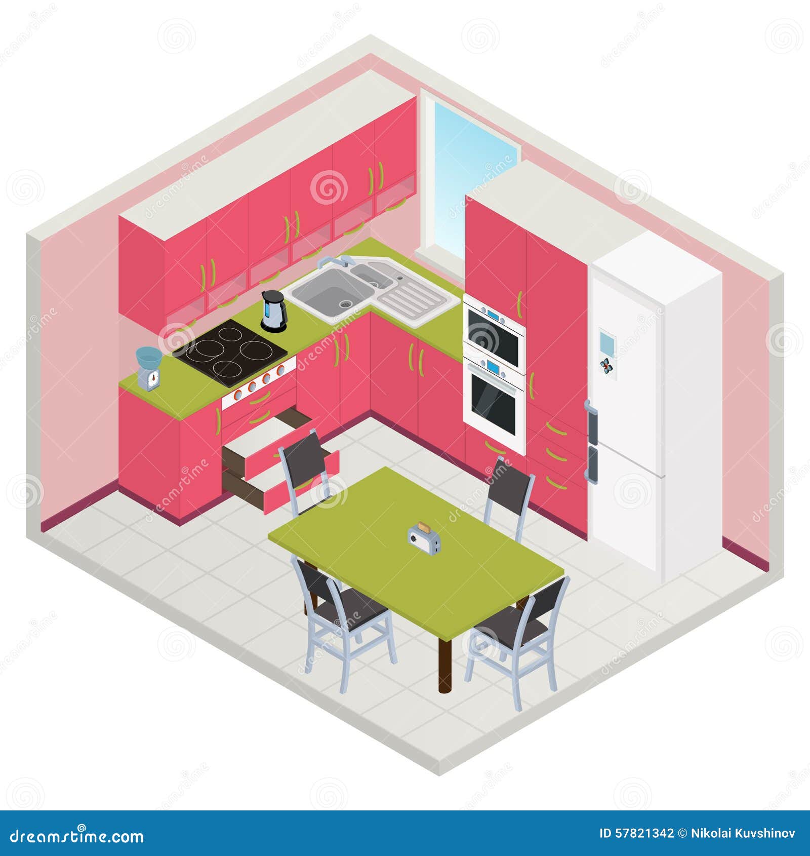 Vector Isometric Kitchen Interior Stock Vector - Illustration of floor ...