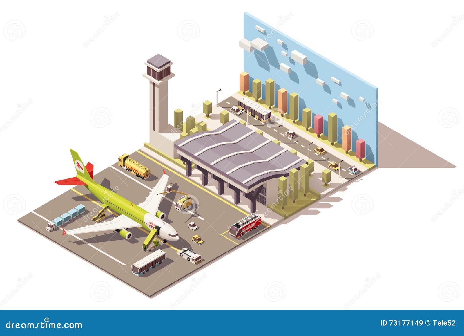 Vector Isometric Low Poly Airport Terminal Building with Airplane and ...