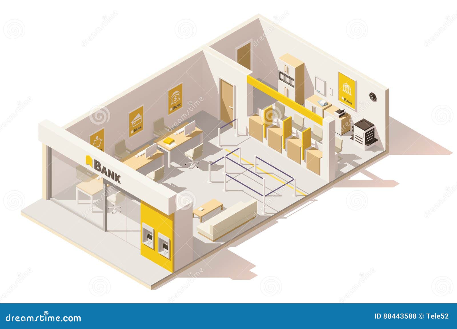 Vector Isometric Low Poly Bank Interior Stock Vector - Illustration of ...