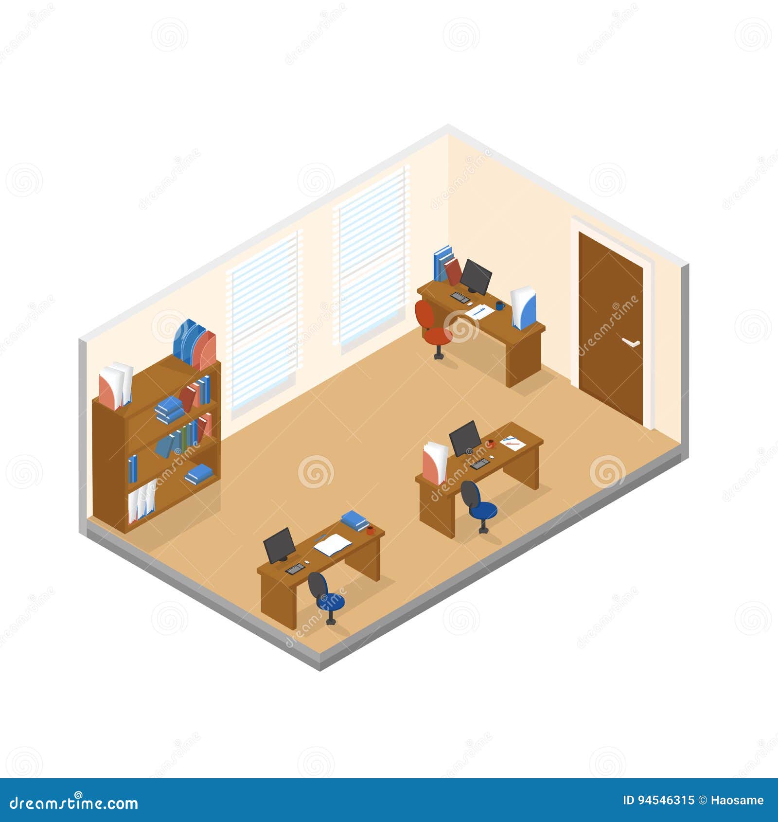 Vector Isometric Low Poly Office Room with Three Workplace Stock Vector ...
