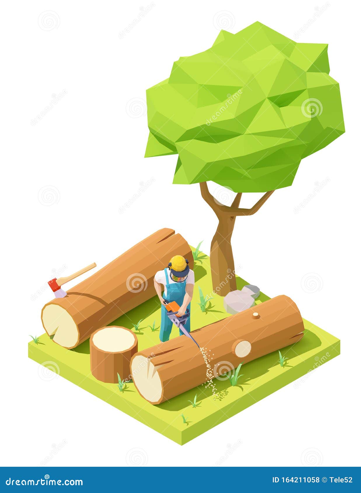Vector Isometric Lumberjack Cutting Tree With Chainsaw | CartoonDealer ...