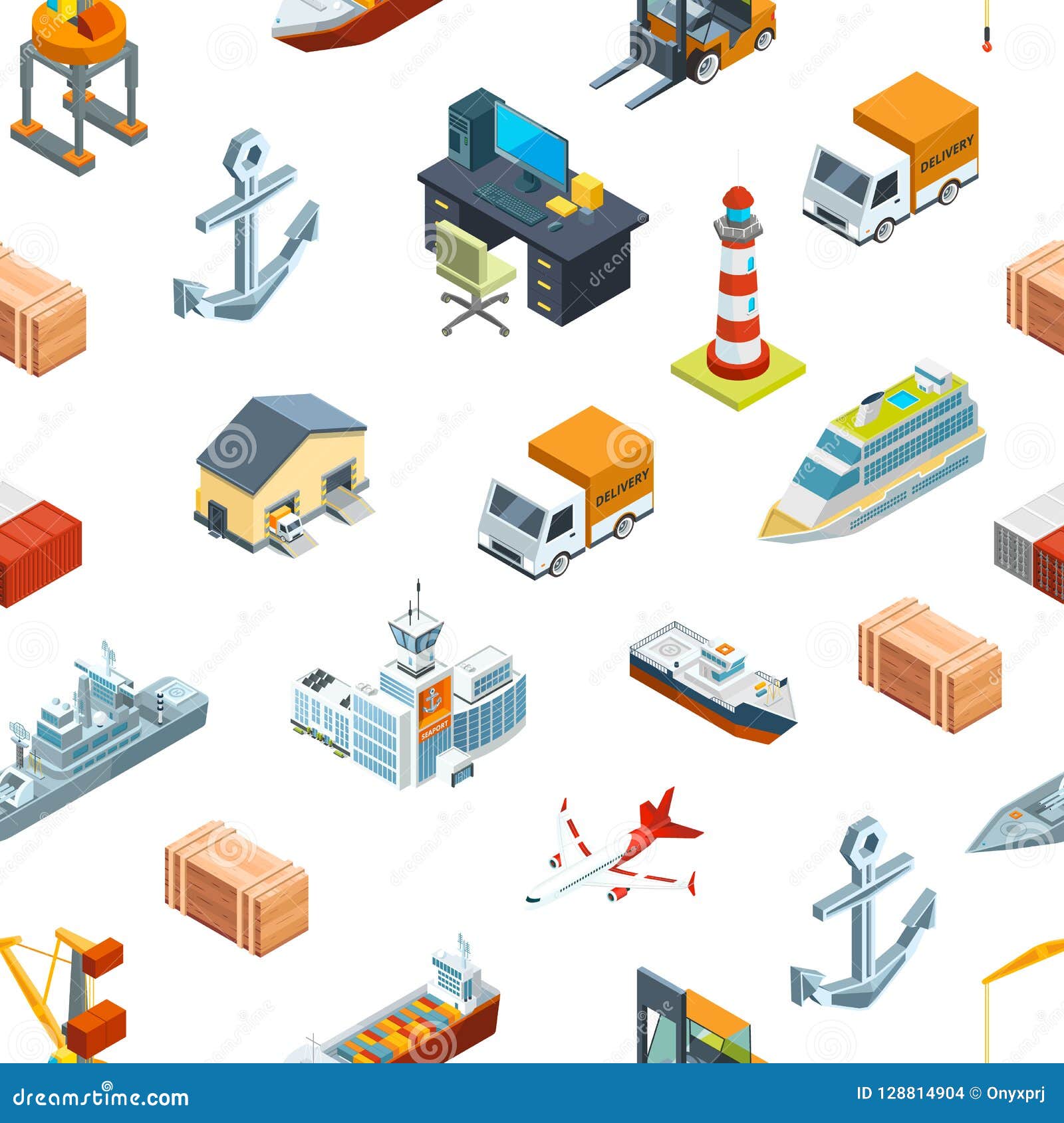 Isometric 3d Seaport Terminal With Cargo Ships, Cranes And Containers ...