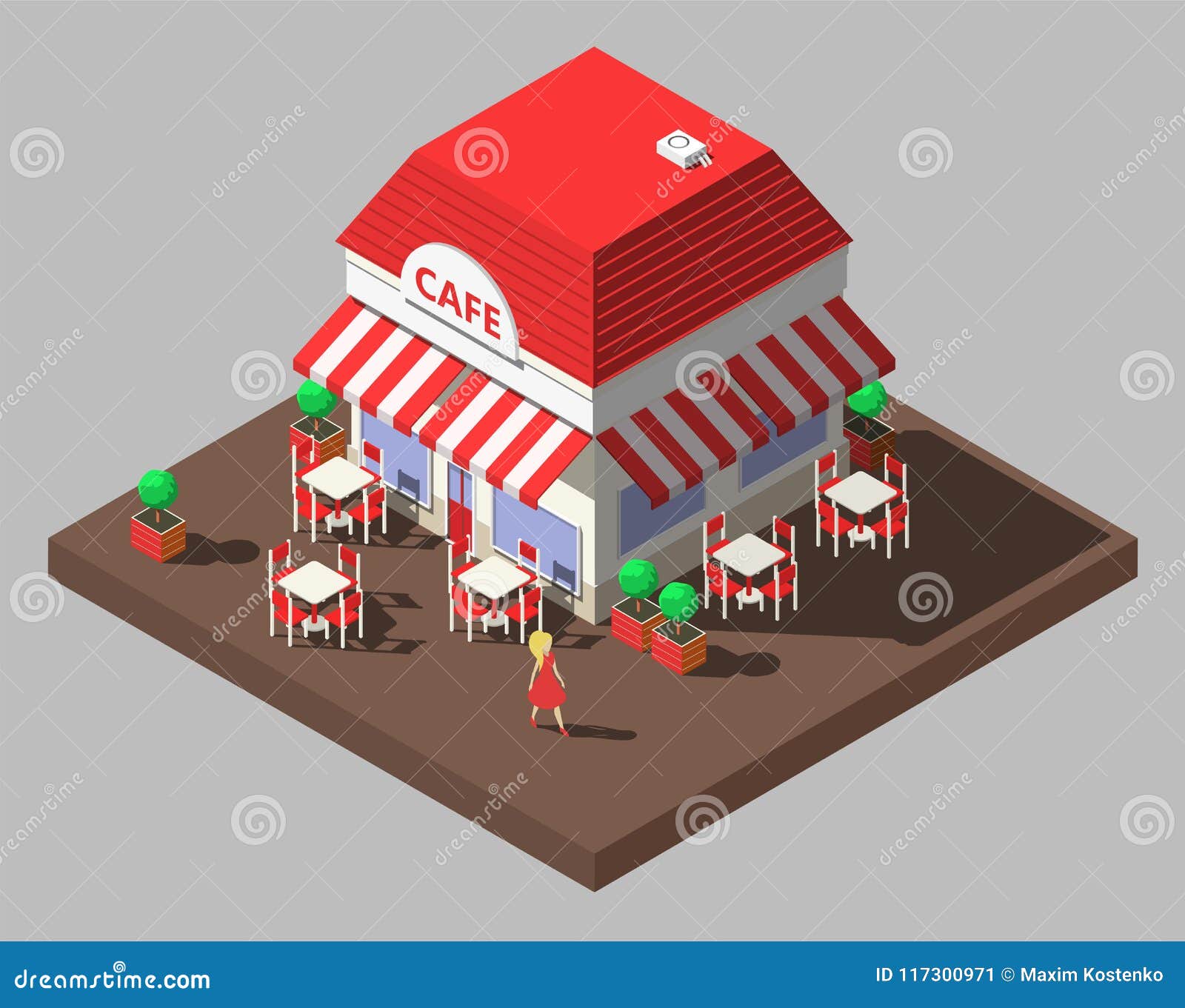 Vector Isometric Restaurant Cafe Building with Tables and Chairs Stock ...