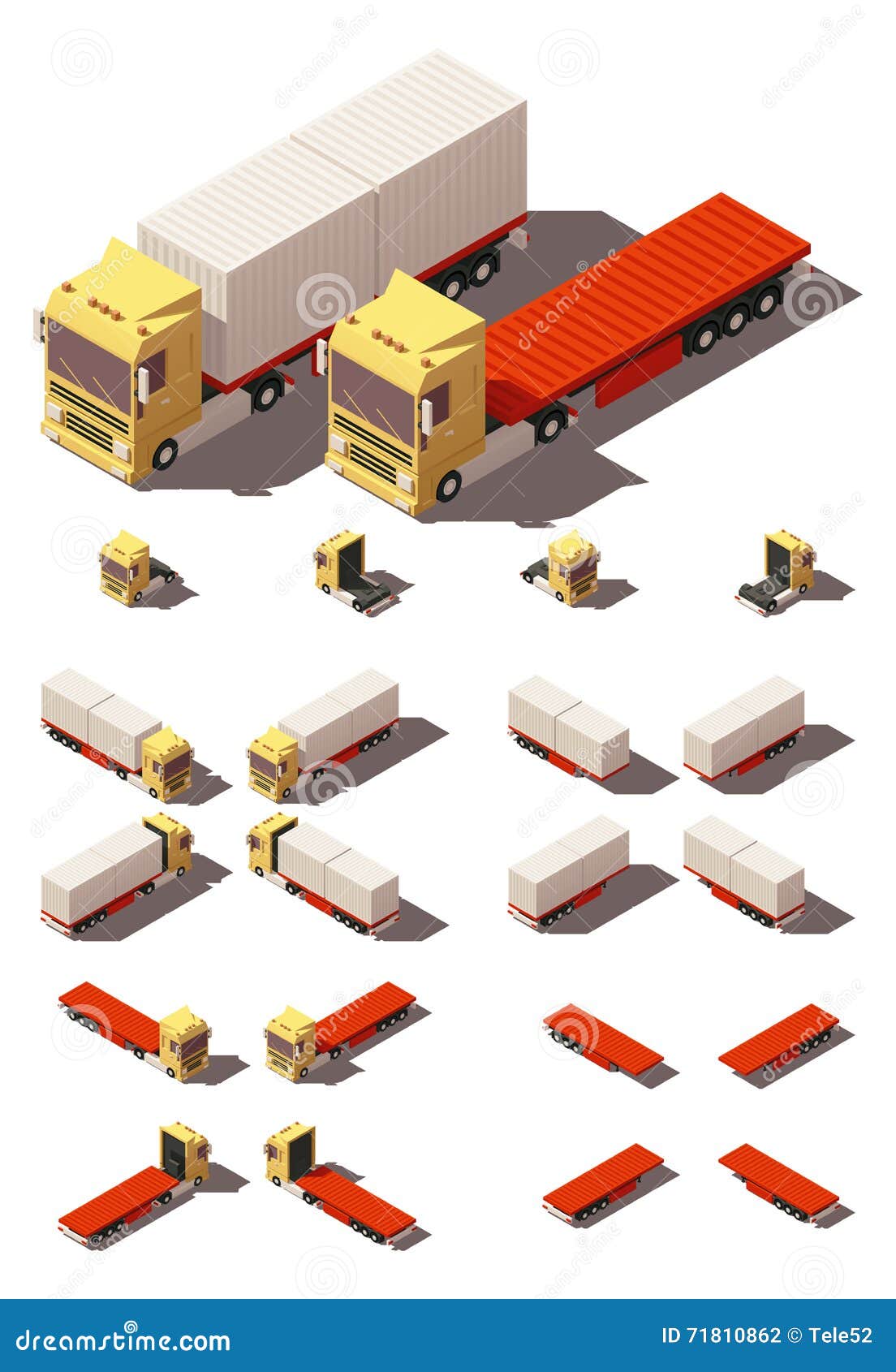 Vector Isometric Truck with Container Semi-trailer Icon Set Stock ...
