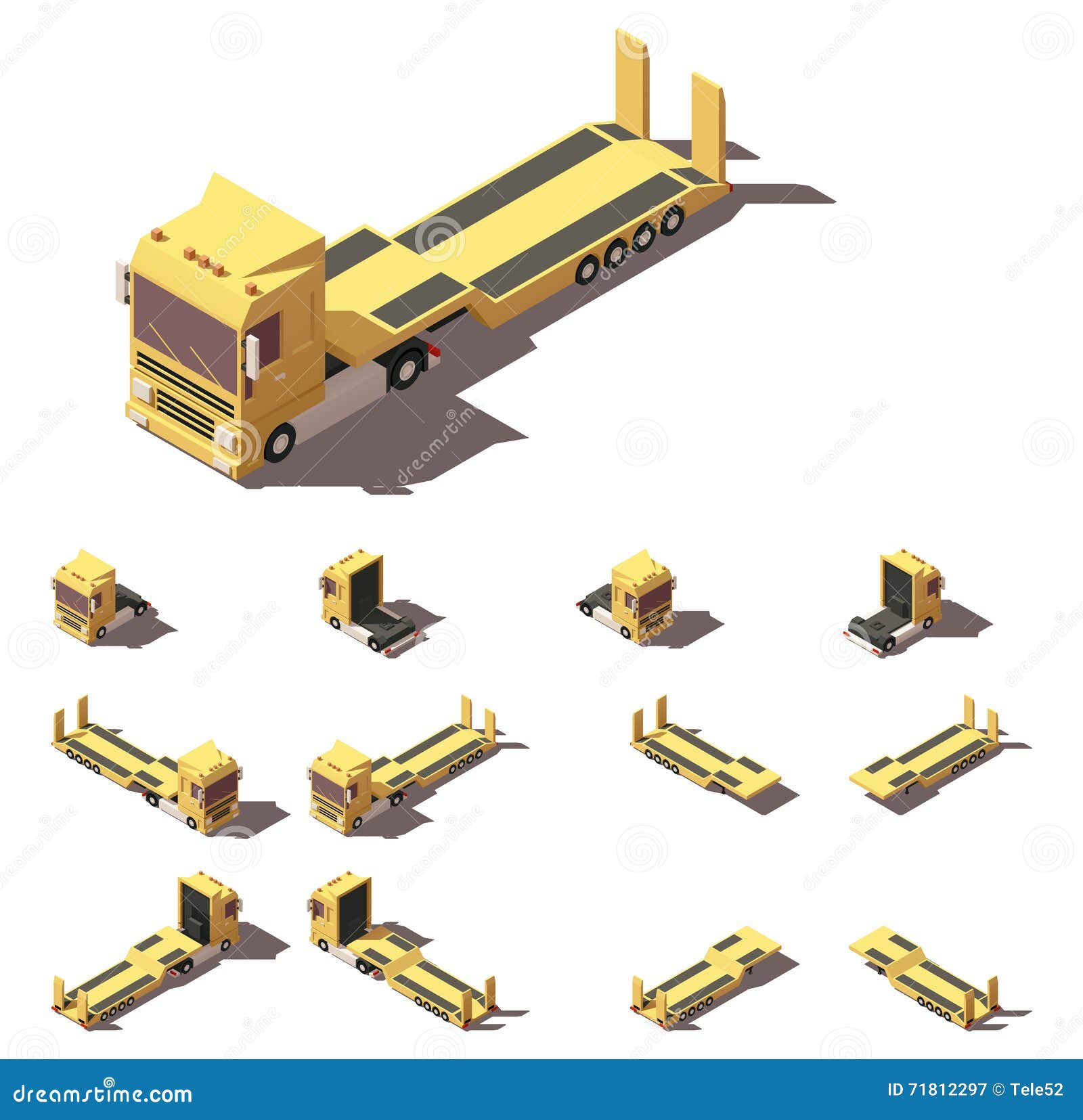 Vector Isometric Truck with Lowboy Semi-trailer Icon Set Stock Vector ...