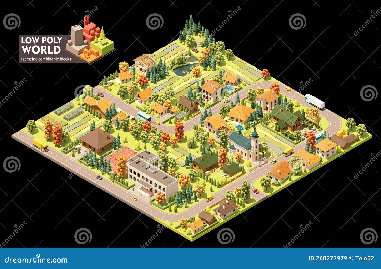 Vector Isometric Small Town Map Stock Vector - Illustration of church ...