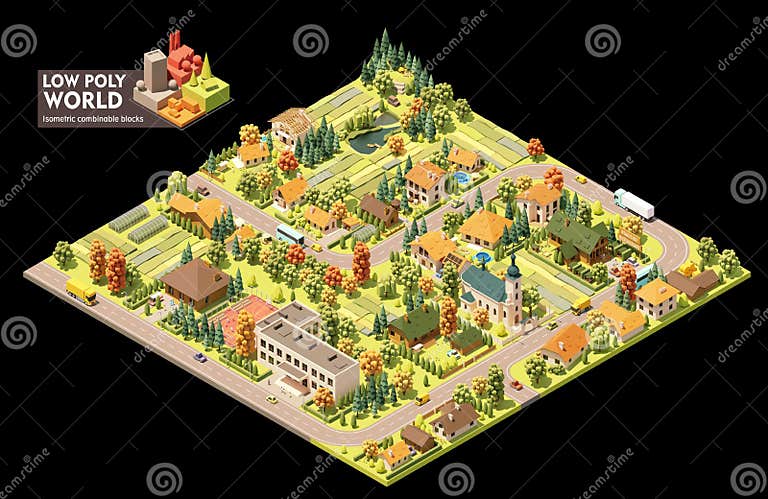 Vector Isometric Small Town Map Stock Vector - Illustration of church ...