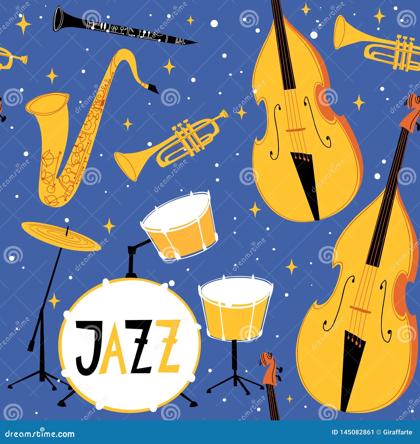 Vector Jazz Seamless Pattern in Flat Vintage Style Stock Vector ...